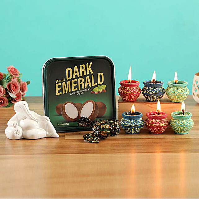 Buy/Send Amul Dark Emerald With White Ganesha Idol & Diya Combo Online- FNP