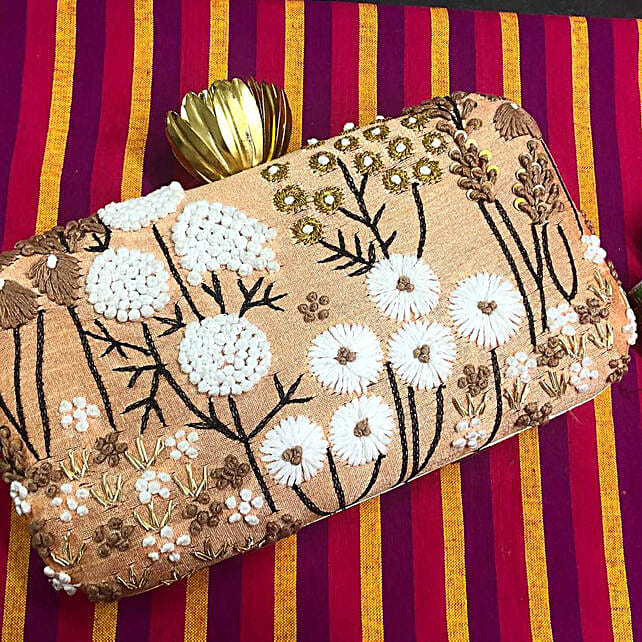Buy/Send Embroidery Peach Clutch Bag 8 X 4 cms Online- FNP