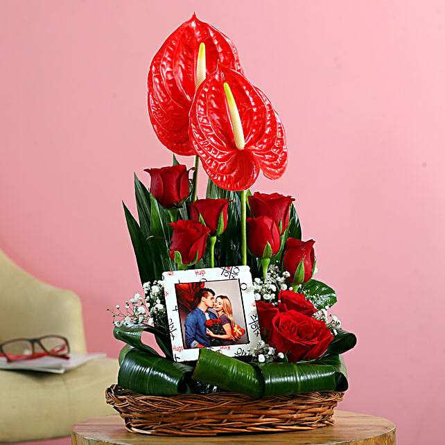 Buy/Send Red Anthurium & Roses Personalised Arrangement Online- FNP