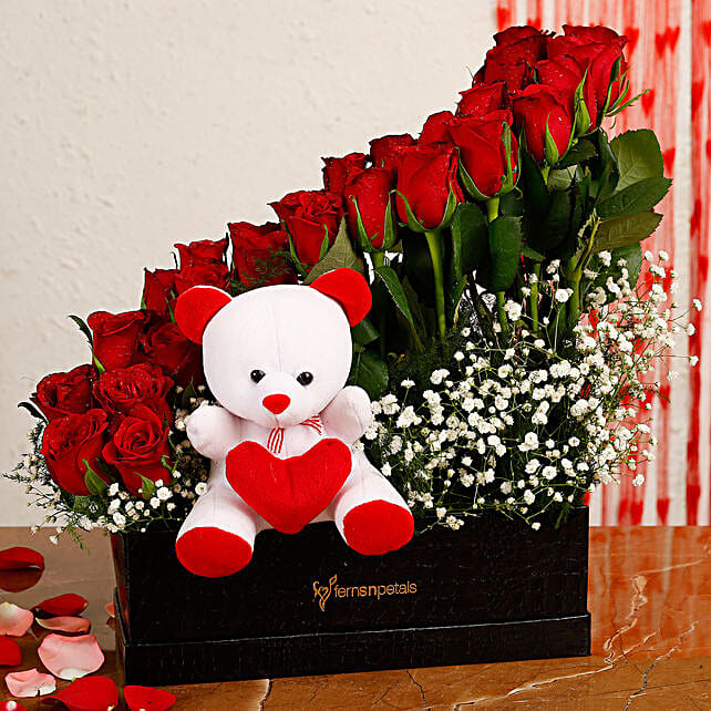 Buy/Send Red Roses Arrangement In Black FNP Box With Teddy Online- FNP