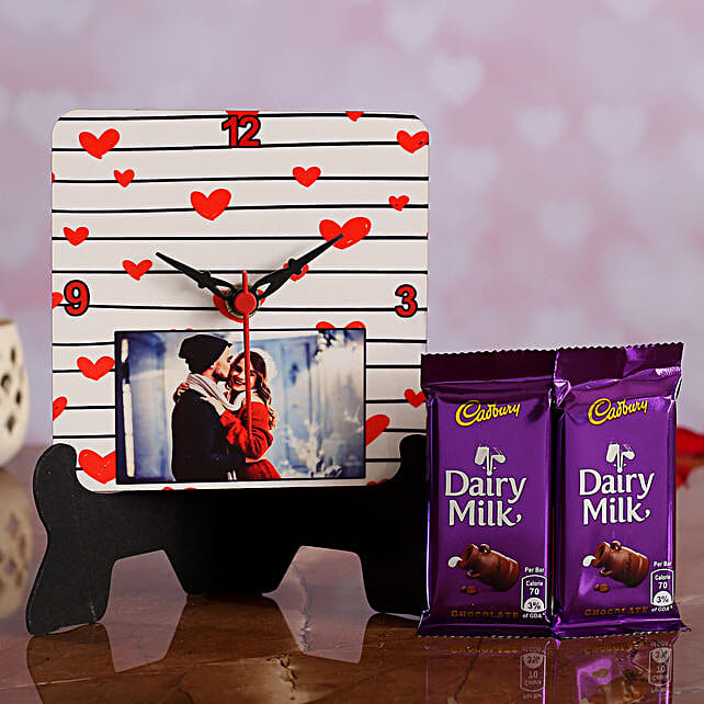 Buy/Send V Day Personalised Table Clock and Cadbury Dairy Milk Online- FNP