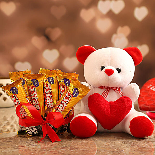 Buy/Send Cadbury 5 Star Chocolates With Red & White Teddy Online- FNP