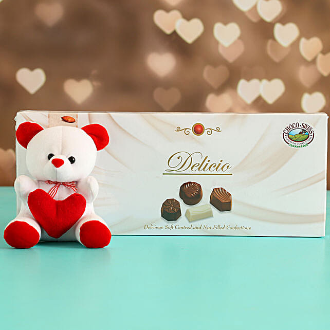 Buy/Send Swiss Choco Delicious Pack With Red & White Teddy Online- FNP