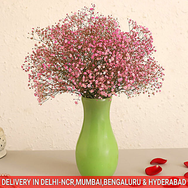 Buy/Send Gypsophila With Sprayed Pink Colour In Green Vase Online- FNP