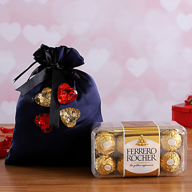 Buy/Send Ferrero Rocher Box In Blingy Blue Potli Online- FNP