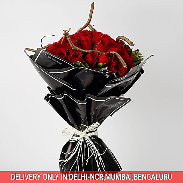 Buy/Send 50 Premium Red Roses Bouquet in Black Paper Online- FNP