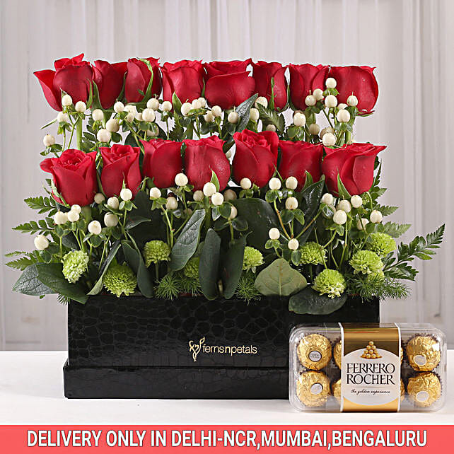 Buy/Send Ferrero Rocher & 2 Layer Red Roses in Box Online- FNP