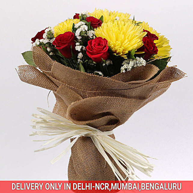 Buy/Send Red Roses & Yellow Disbud Bouquet Online- FNP