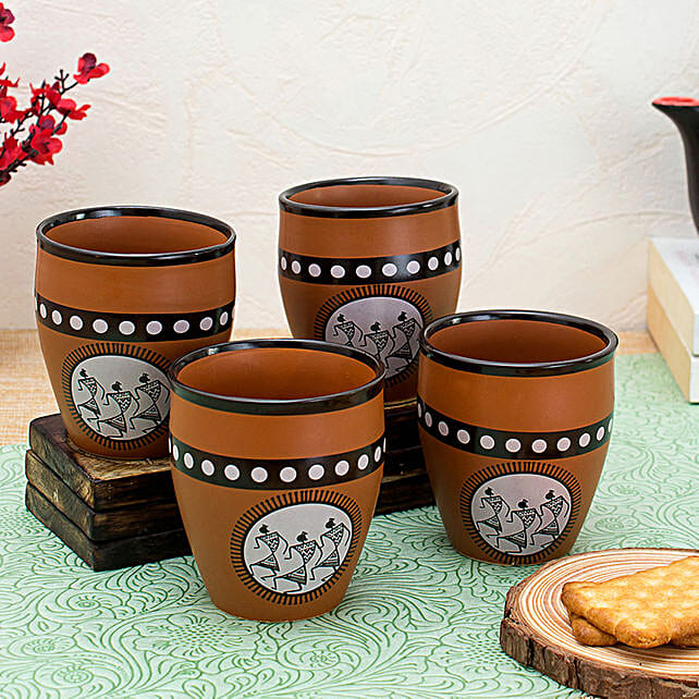 Buy/Send WISHTANK Hand-Painted Terracotta Kullars- Set of 4 Online- FNP