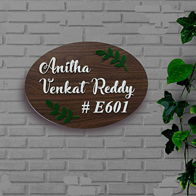 Buy/Send Personalised Laser Cut Green Leaves Oval Name Plate Online- FNP