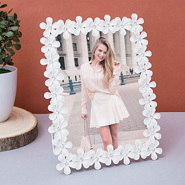 Buy/Send Personalised White Floral Photo Frame Online- FNP