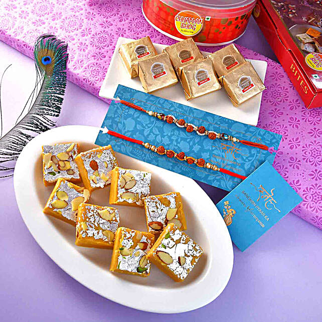 Buy/Send 2 Rudraksha Rakhis With Mewa Bites & Mewa Batisha Online- FNP