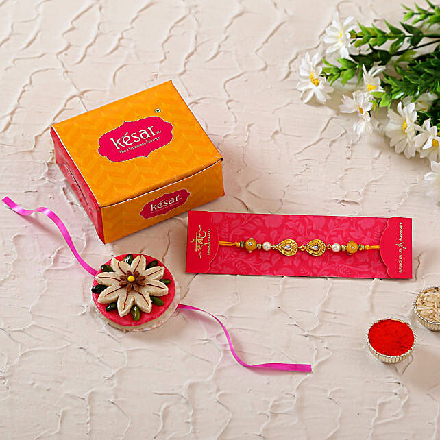 Buy/Send Kundan Rakhi and Edible Phool Kesar Mithai Rakhi Online- FNP