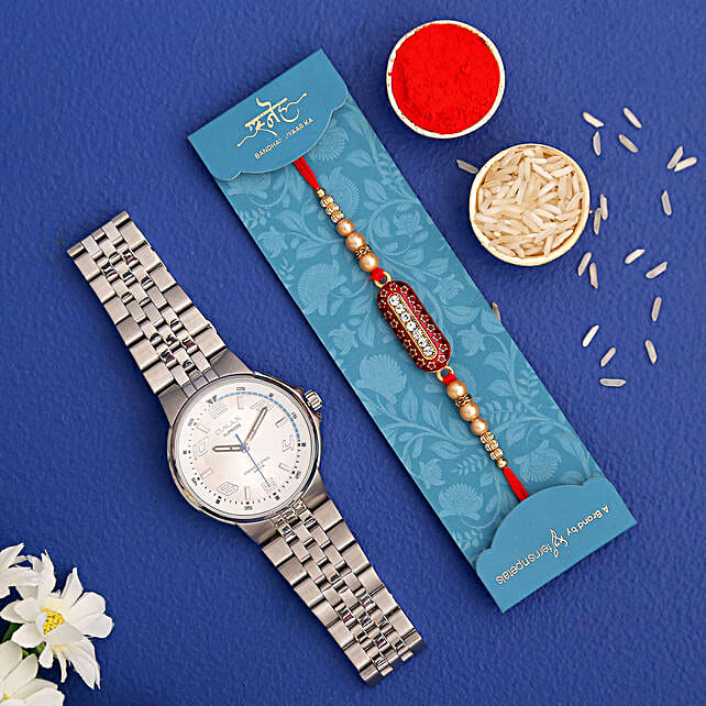 Buy/Send Designer Capsule Rakhi & Omax Gents Analog Watch Online- FNP