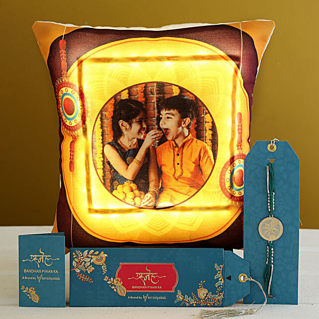 Buy/Send Classy Metal Rakhi and Personalised LED Cushion Hamper Online- FNP