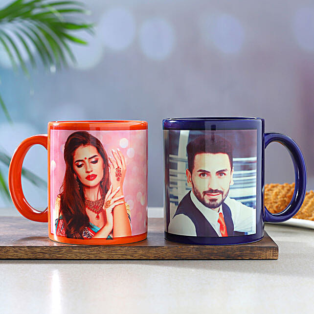 Buy/Send Set Of 2 Personalised Orange & Blue Mugs Online- FNP