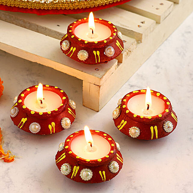 Buy/Send Hand Painted Wax Diyas- Set of 4 Online- FNP