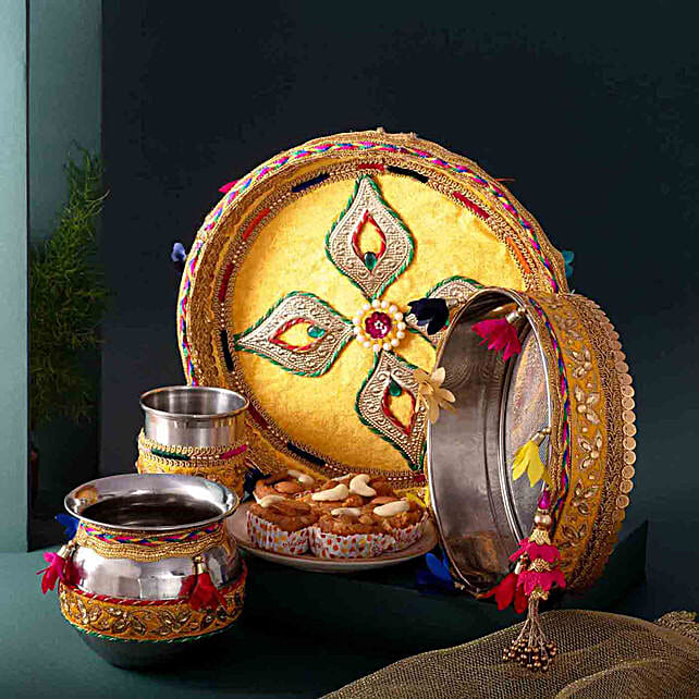 Buy/Send Karwa Chauth Thali Set & Badam Pinni Online- FNP