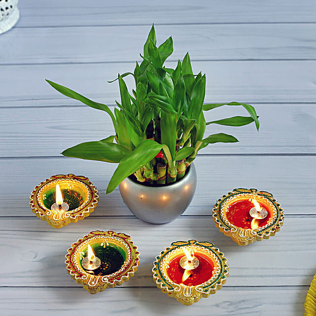 Buy/Send 2 Layer Bamboo Plant Silver Pot and Diyas Online- FNP