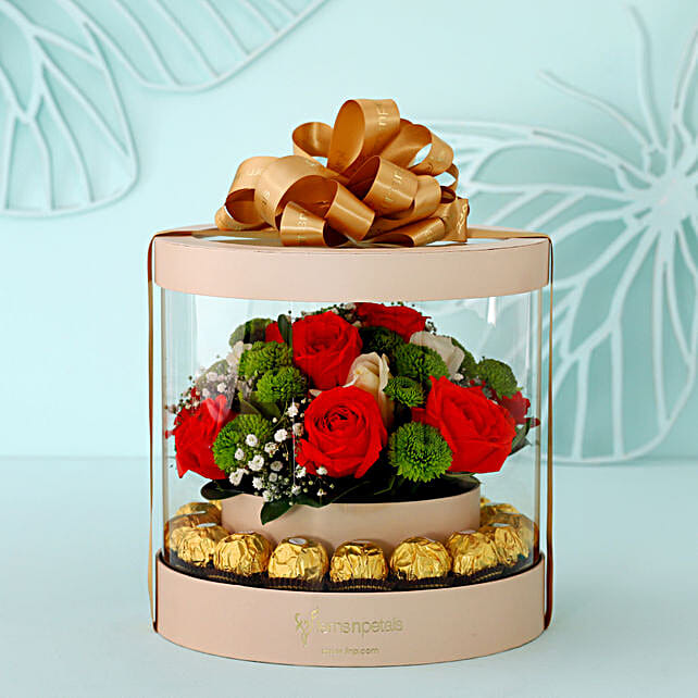 Buy/Send Mixed Flowers & Ferrero Rocher Premium Beige Box Online- FNP