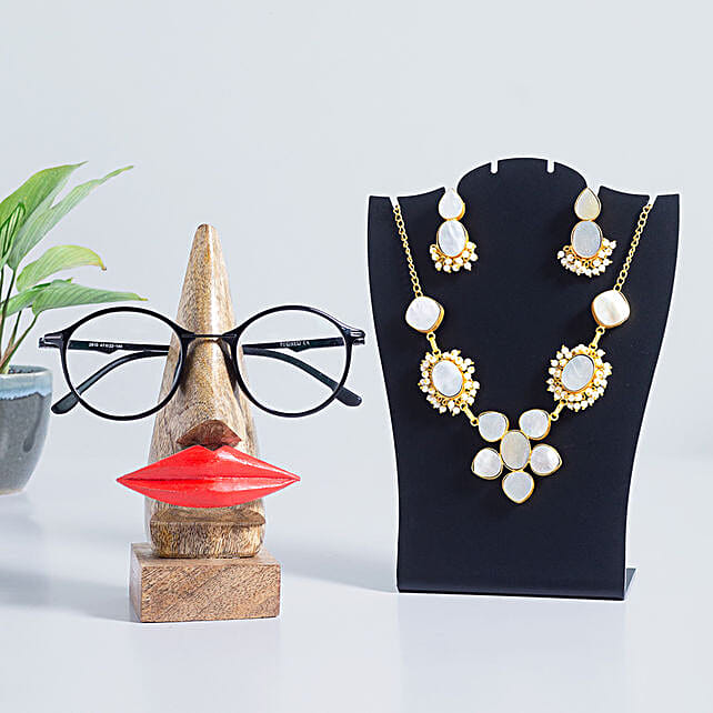 Buy/Send Wooden Spectacle Holder & Gold Plated Necklace Set Online- FNP