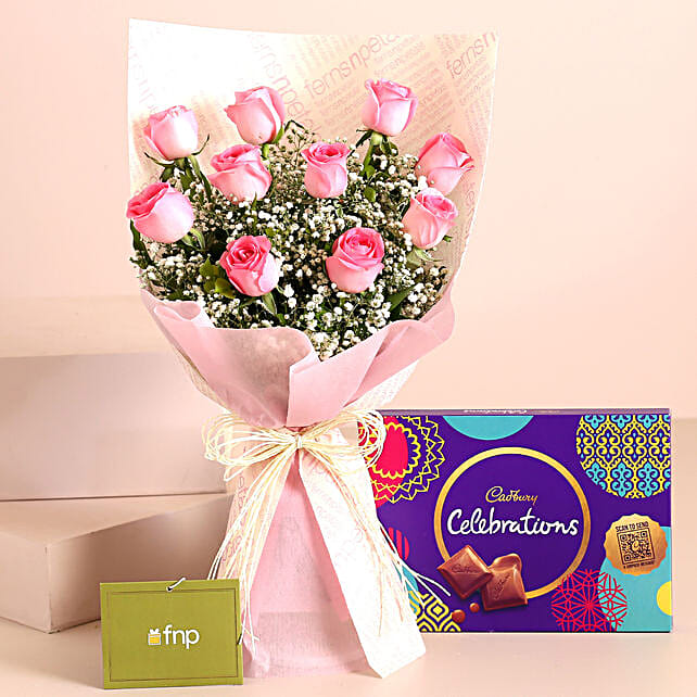 Buy/Send Dreamy Pink Roses Bouquet & Celebrations Box Online- FNP