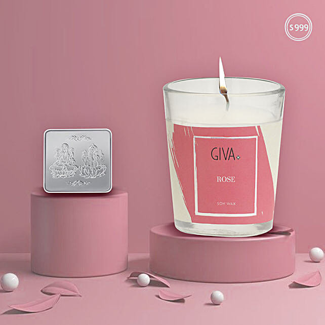 Buy/Send GIVA Silver Coin N Rose Candle Gift Set Online- FNP