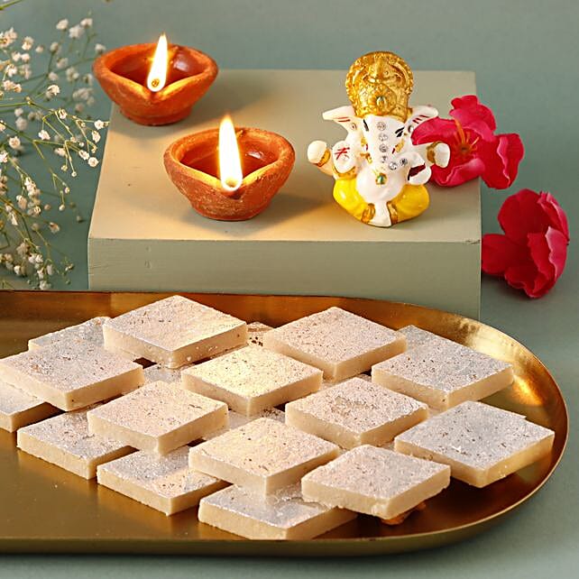 Buy/Send Kaju Katli & Decorative Diya Combo Online- FNP