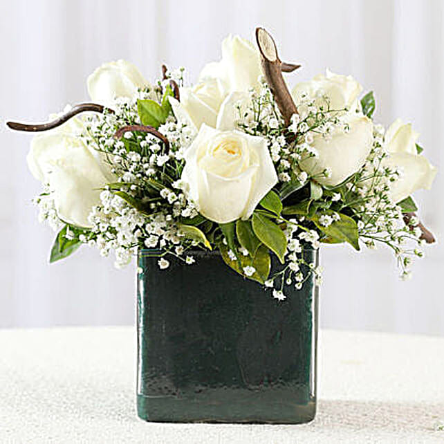 Buy/Send 12 White Roses Square Glass Vase Online- FNP