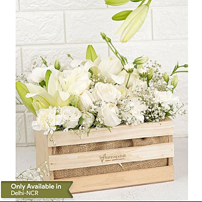 Buy/Send Serene White Flowers Wooden Crate Arrangement Online- FNP