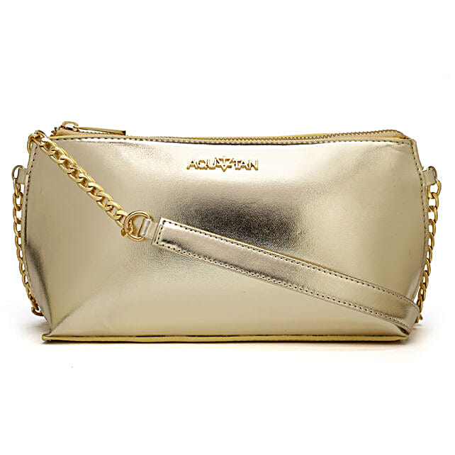 Buy/Send Vegan Leather Metallic Gold Crossbody Sling Bag Online- FNP