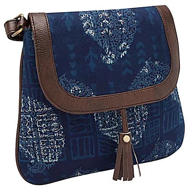 Buy/Send Indigo Tassel N Detail Sling Bag Online- FNP