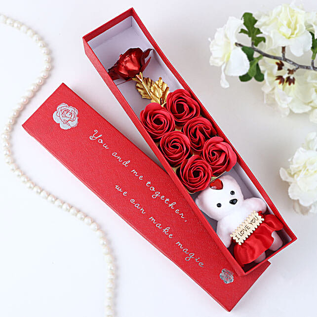 Buy/Send Artificial Pink Rose With Teddy Bear in Box Online- FNP