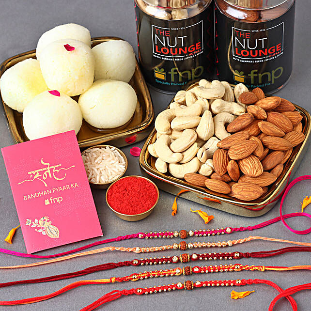 Buy/Send Sneh Rudraksha Rakhi Set & Mithai With Nuts Online- FNP