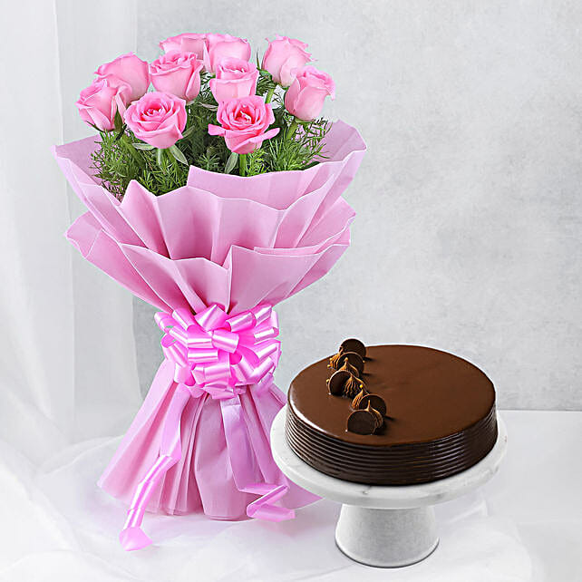 Buy/Send Pink Roses 10 with Cake Online- FNP