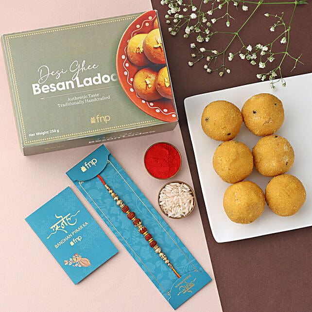 Buy/Send Sneh Rudraksha Holy Rakhi & Besan Laddoo Box Online- FNP