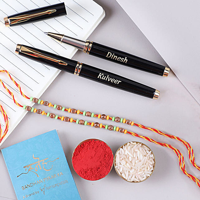 Buy/Send Sneh Gold Beads Mauli Rakhi & Personalised Pen Set of 2 Online ...