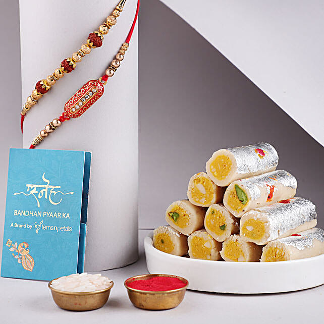 Buy/Send Sneh Rudraksha & Capsule Rakhi Set With Kaju Rolls Online- FNP