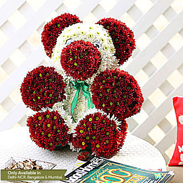 Buy/Send Red & White Chrysanthemums Teddy Bear Arrangement Online- FNP