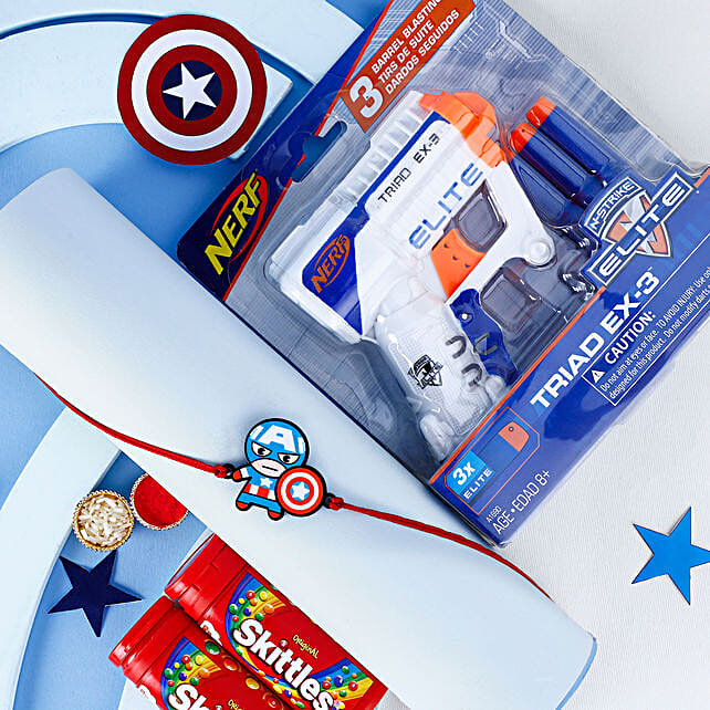 Buy/Send Captain America Rakhi & Nerf Blaster With Skittles Online- FNP