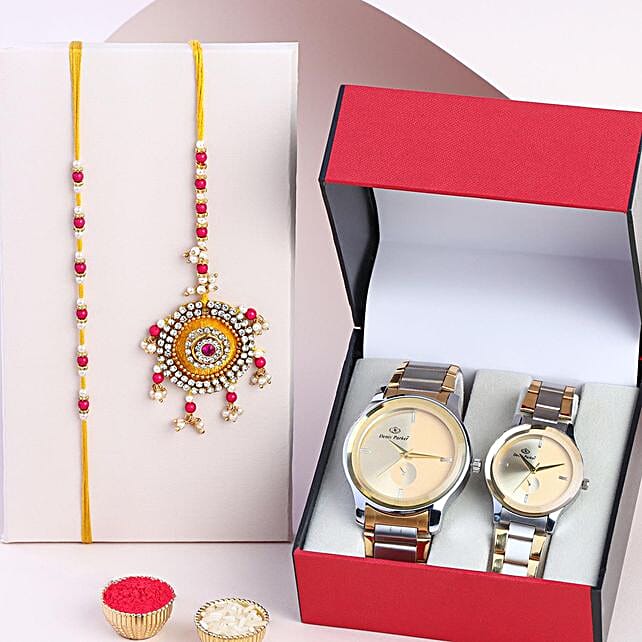 Buy/Send Bhaiya-Bhabhi Beads Rakhi Set & Watch Combo Online- FNP