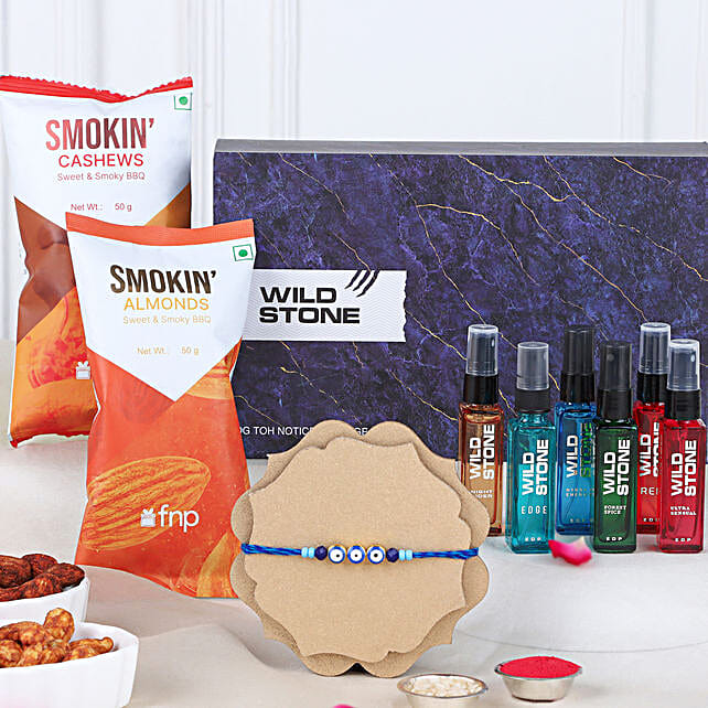 Buy/Send Feng Shui Evil Eye Rakhi & Perfume Set With Dryfruits Online- FNP