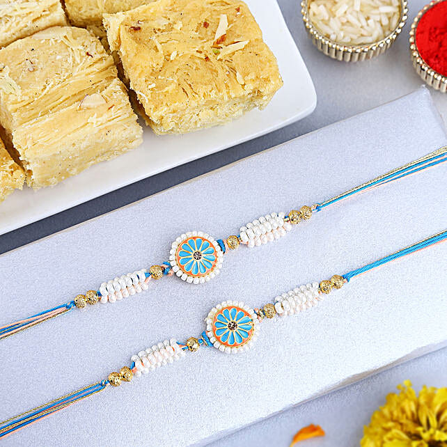 Buy/Send Meenakari Artwork Rakhi Set of 2 & Soan Papdi Combo Online- FNP