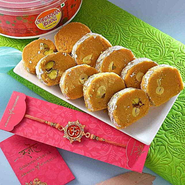 Auspicious Om Rakhi And Batisha Slice Combo mauritius | Gift Auspicious ...