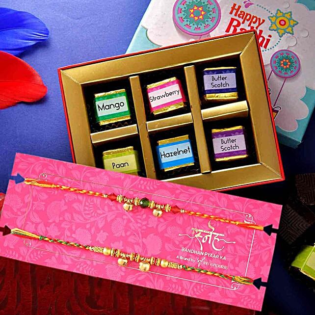 Set Of 2 Ghungroo Rakhis And Flavoured Chocolates oman | Gift Set Of 2 ...