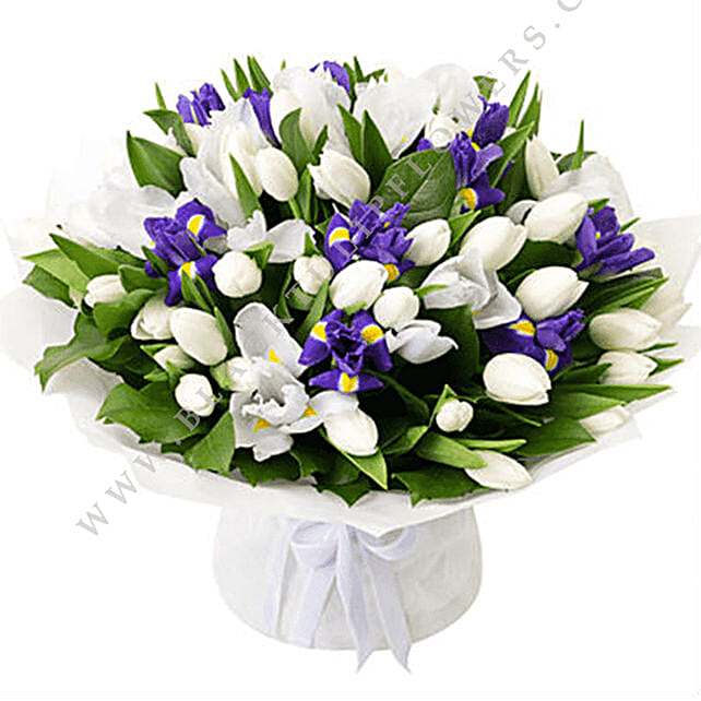 Blue Iris And White Tulips Bouquet qatar | Gift Blue Iris And White ...