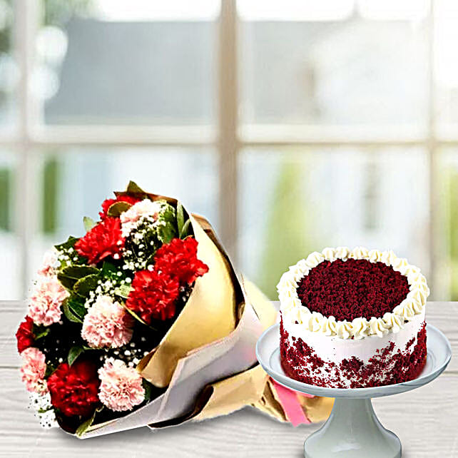 Carnation Bouquet & Red Velvet Cake qatar | Gift Carnation Bouquet ...