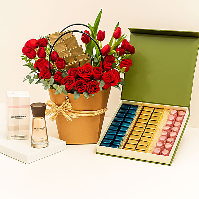 Red Roses Arrangement with Chocolates and Perfume qatar | Gift Red ...