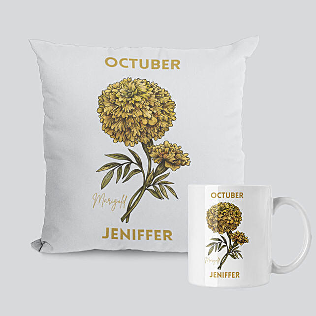 Personalised October Mug And Cushion Yellow Marigold qatar | Gift ...