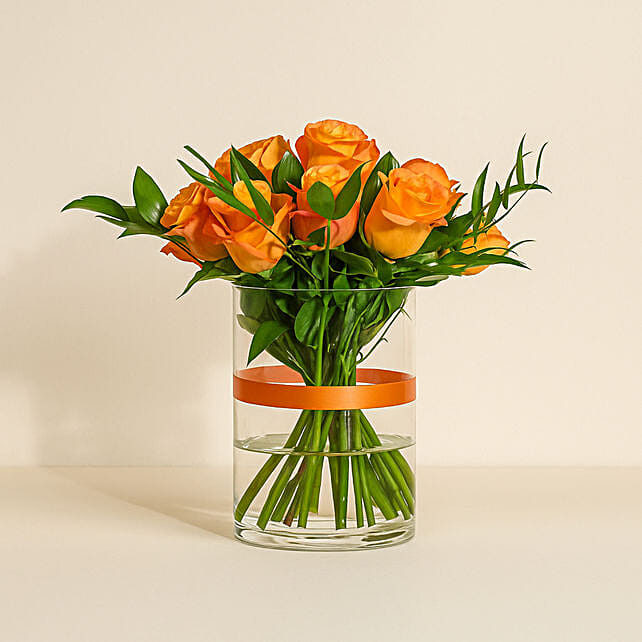 Orange Roses in Glass Vase qatar | Gift Orange Roses in Glass Vase- FNP